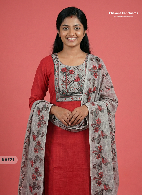 Readymade Cotton Kurti Set in Red with Mirror Finishing Design ...