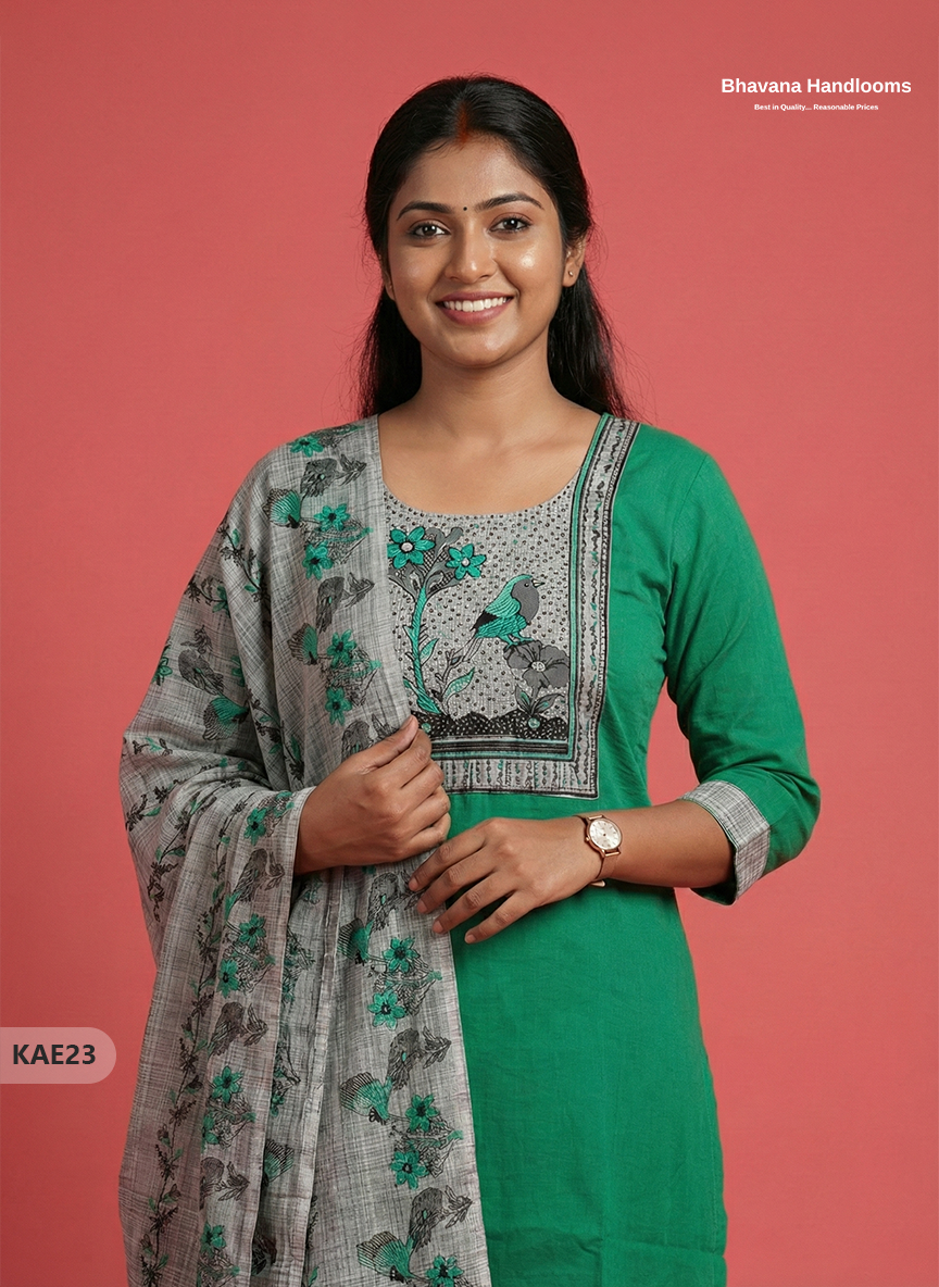 Readymade Cotton Kurti Set in Green with Mirror Finishing Design ...