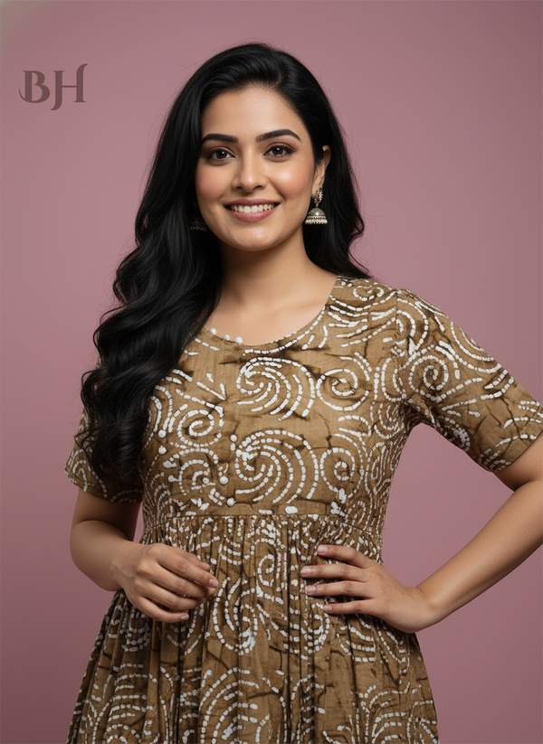 Handmade Batik Frock with Natural Dye – Potli Ball Neck Design Coffee ...