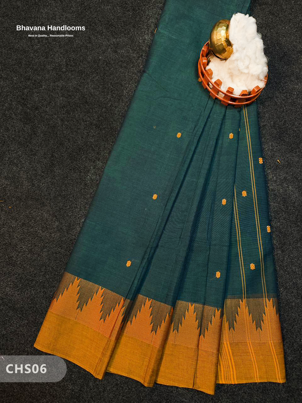 Traditional Chettinad Handloom Saree in Blue Dianne Color with Temple ...
