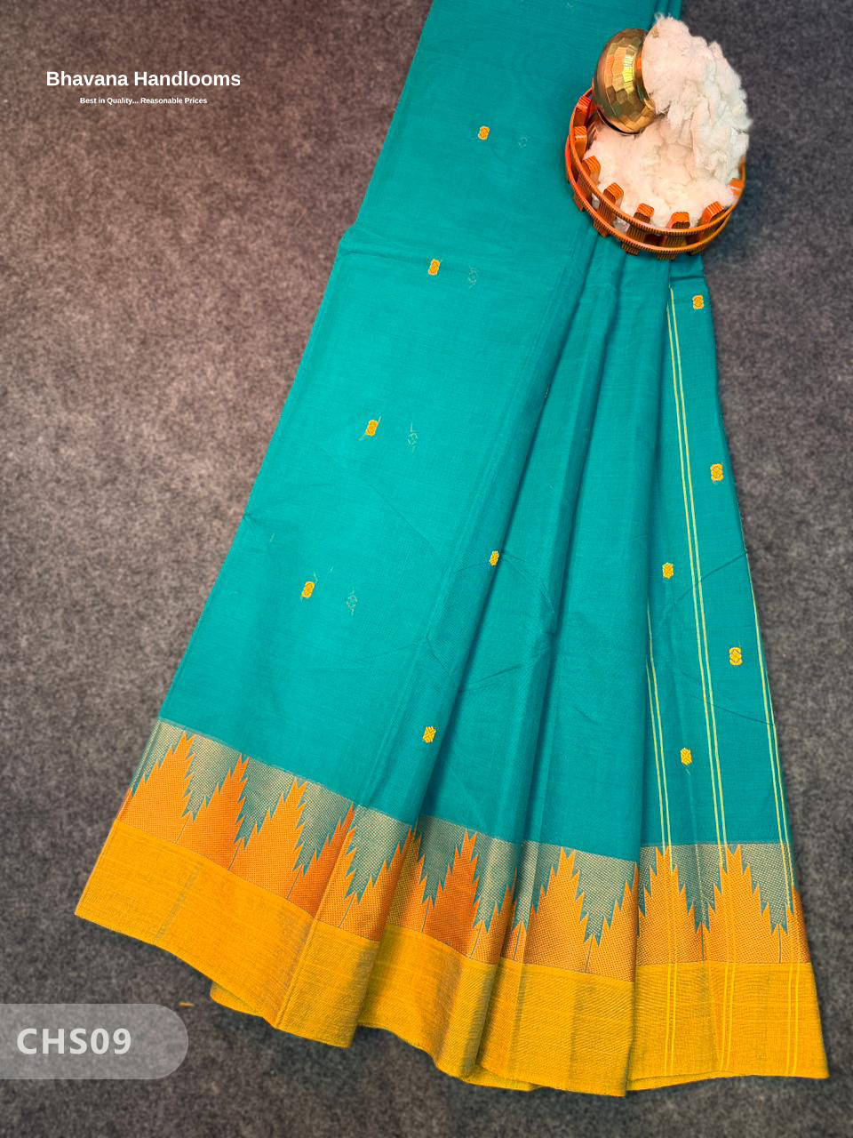 Traditional Chettinad Handloom Saree in Dark Cyan with Temple Border ...