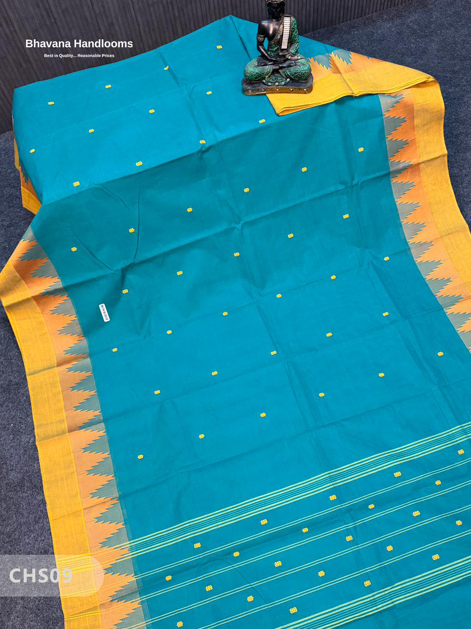 Traditional Chettinad Handloom Saree in Dark Cyan with Temple Border ...