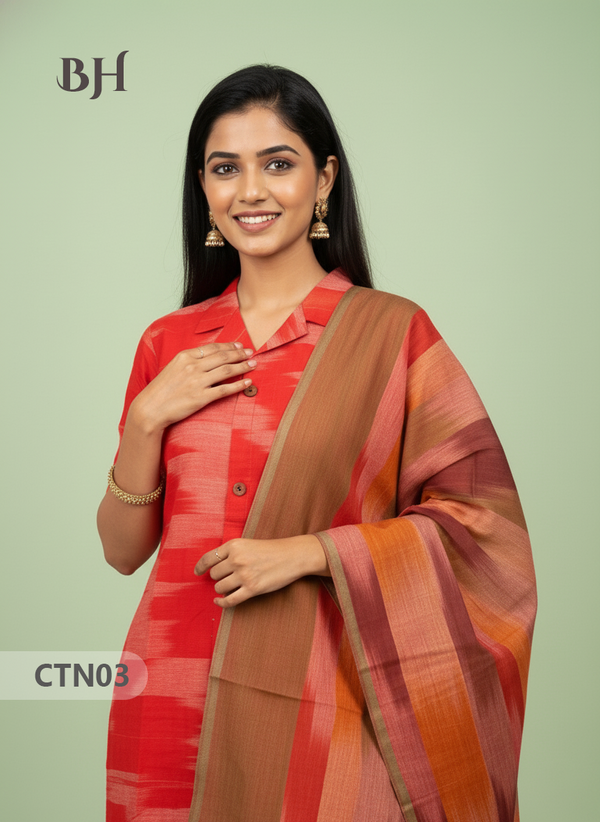 Tomato Red Premium Ikat Cotton 3PC Set with Collar Neck & Multi-Tone D ...