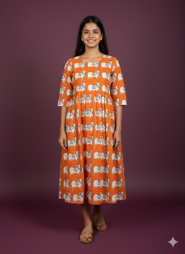 Kalamkari Pichwai Cow Design Frock – Orange Colour | Handloom Ethnic W ...