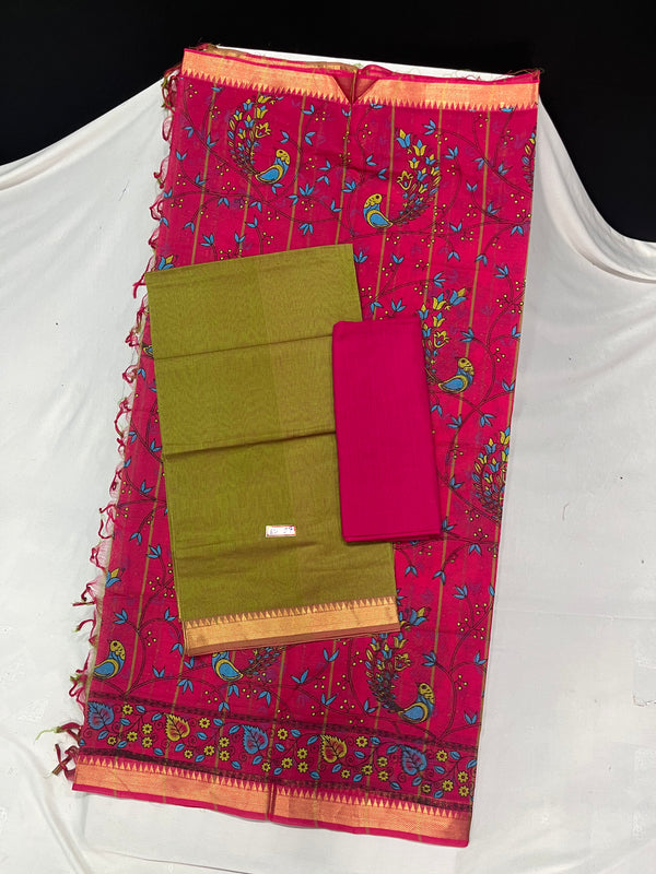 Mangalagiri Cotton Dress Material with Pink Chunni with Olive Green Co ...