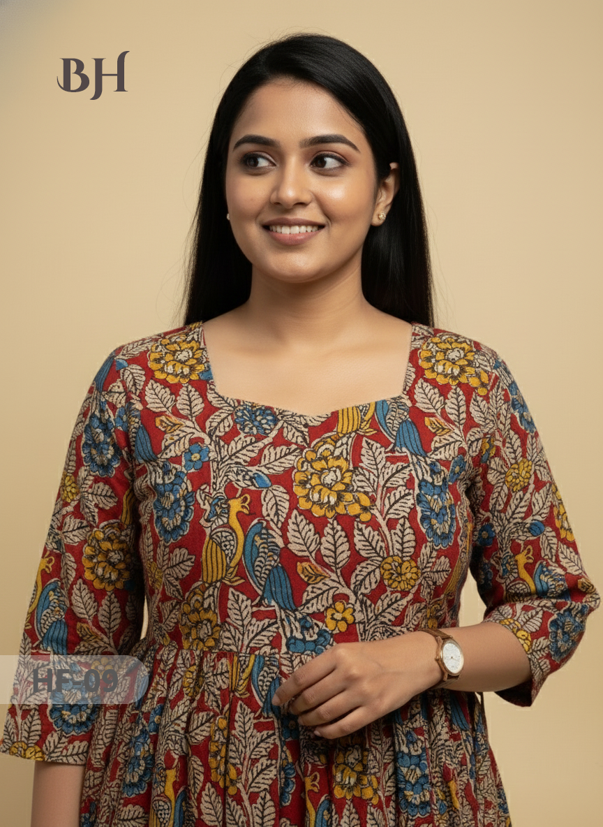 Kalamkari Design Frock – Red Colour | Handloom Ethnic Wear with Half L ...