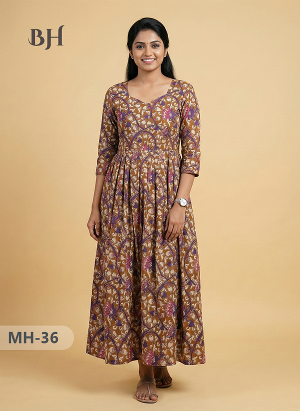 Kalamkari Design Frock – Brown Colour | Handloom Ethnic Wear with Half ...
