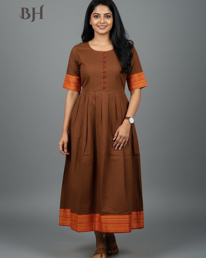 Mangalagiri Cotton Long Frock with Light Brown Colour – Bhavana Handlooms