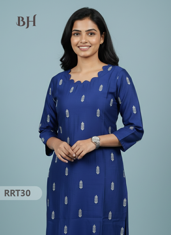 Designer Raw Silk Straight Cut Top in Blue | Cut Work Neck | Full-Leng ...