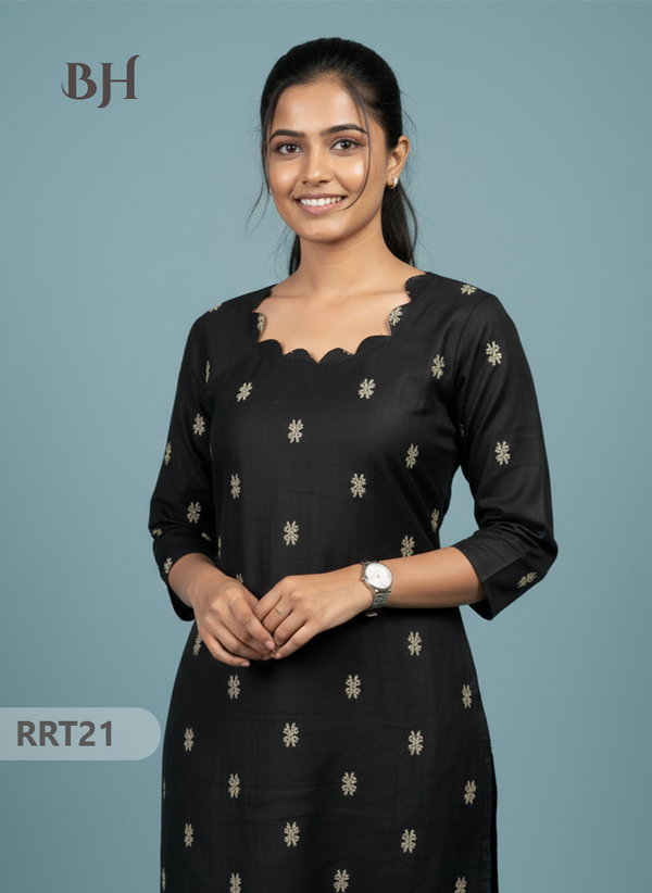 Designer Raw Silk Straight Cut Top in Black | Cut Work Neck | Full-Len ...