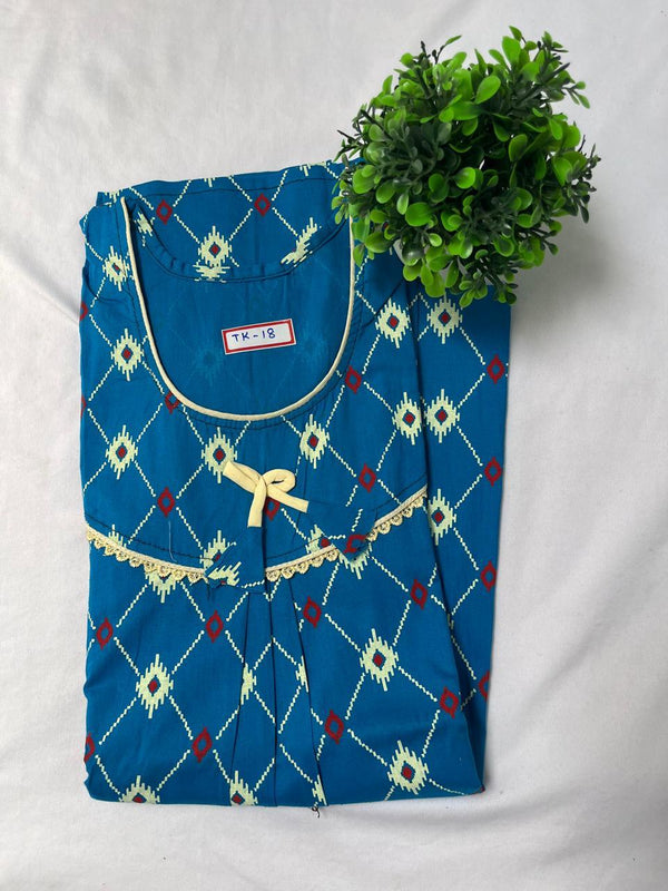 Sky Blue colour printed Round neck cotton nighty for ladies nightwear ...